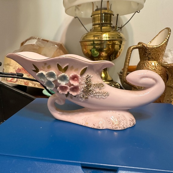 Accents | Vintage Pink Horn Of Plenty Vase Or Planter Blue Pink Flowers ...
